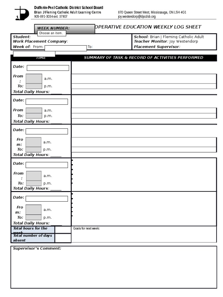 Cooperative Education Weekly Log Sheet: Time Summary of Task & Record ...