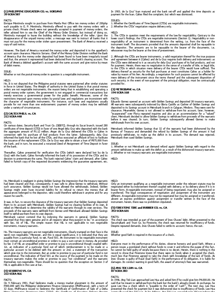 NIL Case Digests Complete | PDF | Cheque | Promissory Note