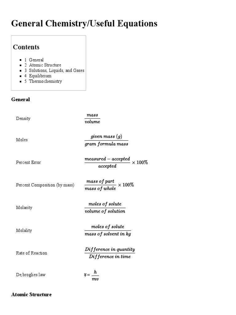 General Chemistry/Useful Equations | PDF | Science & Mathematics