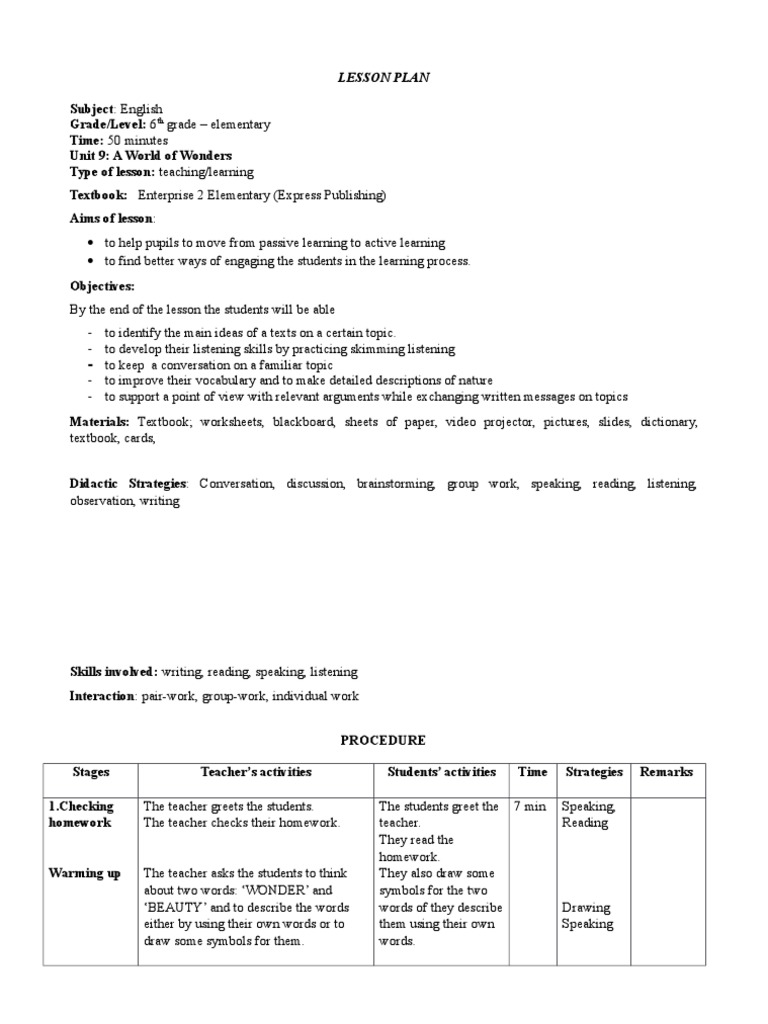 Lesson 9 A World of Wonders | PDF | Lesson Plan | Communication