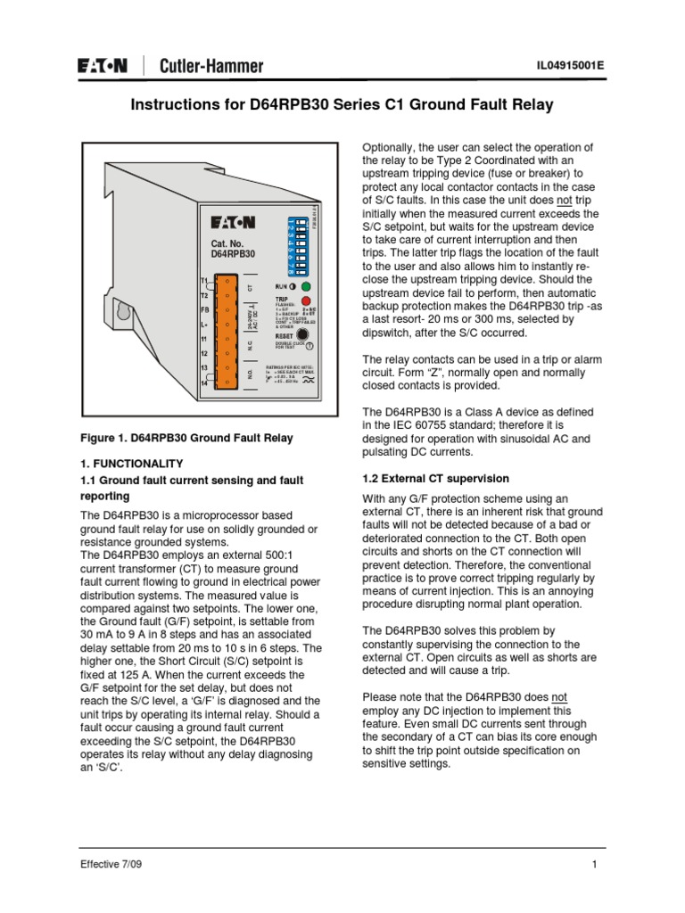 Instructions For D64RPB30 Series C1 Ground Fault Relay | PDF ...
