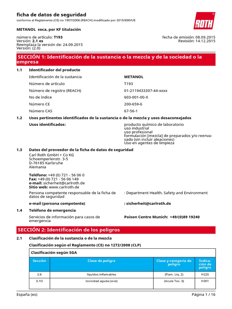 Ficha de Seguridad Del Metanol