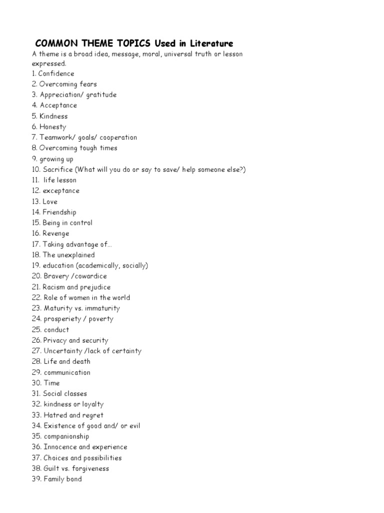 COMMON THEME TOPICS Used in Literature | PDF