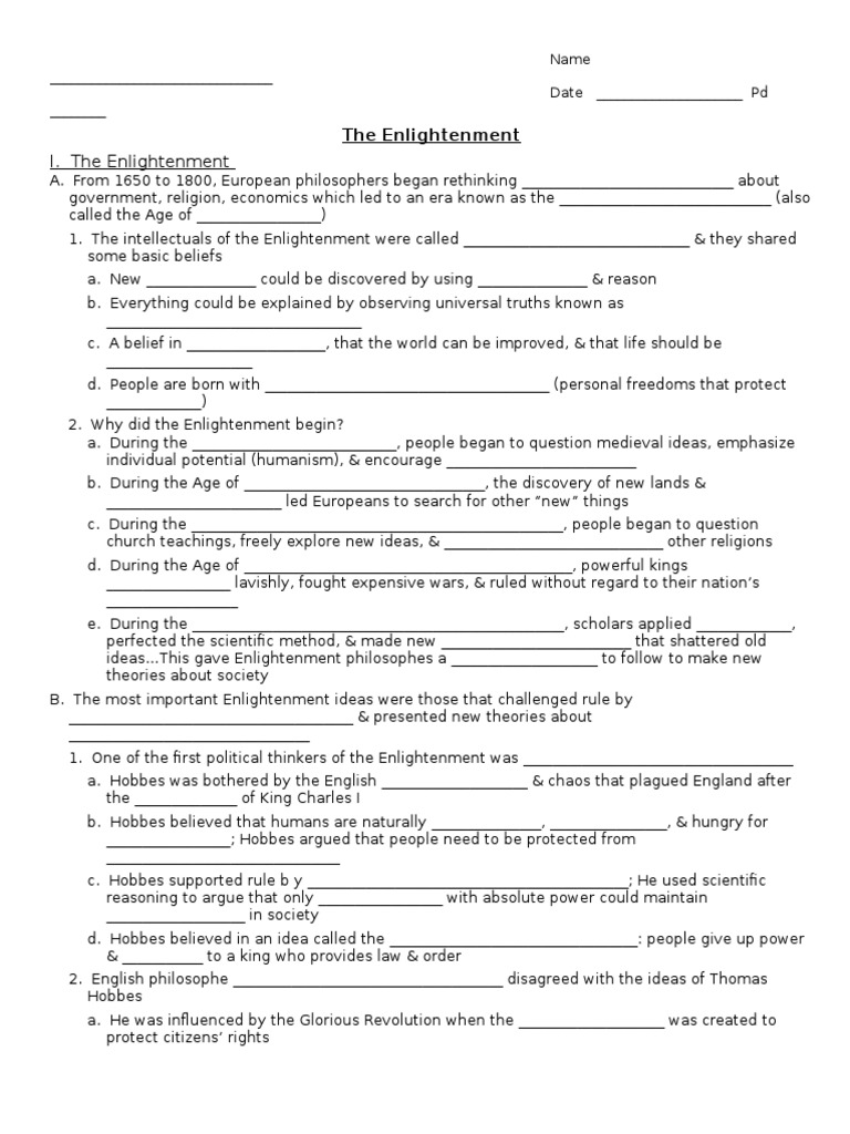 Enlightenment Note Taking Guide | PDF | Age Of Enlightenment | John Locke