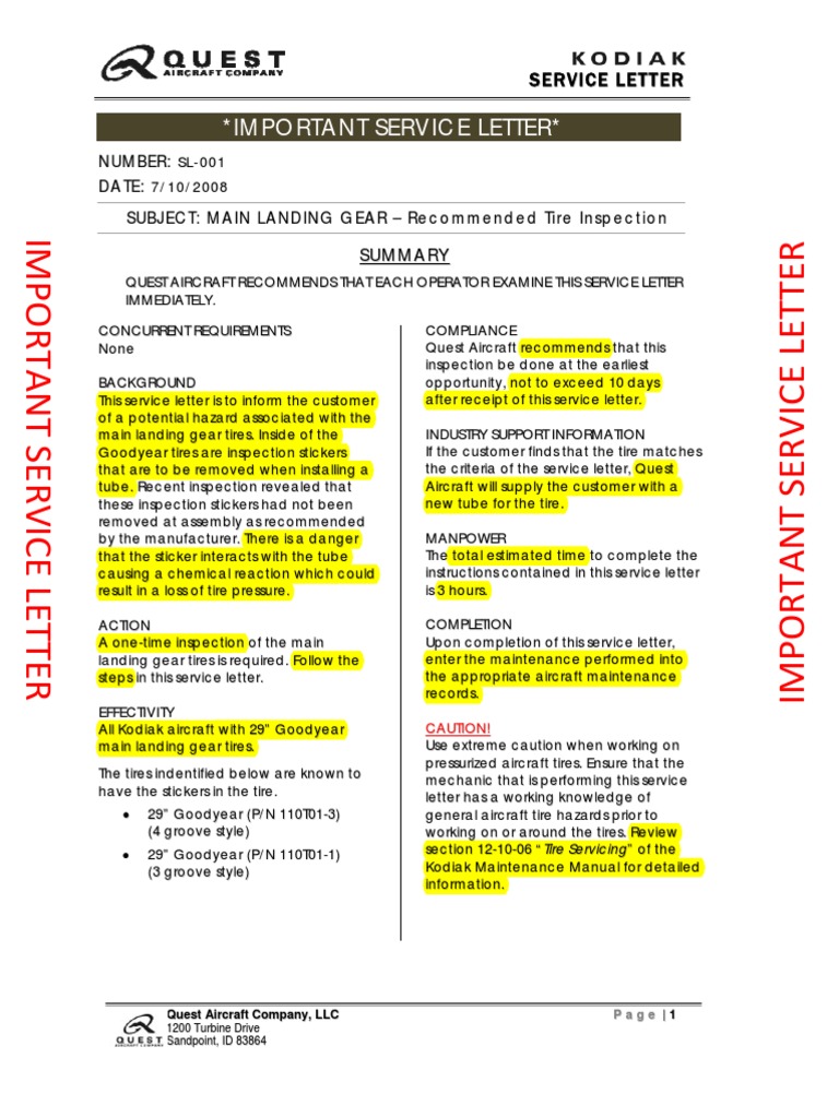Service Letter PDF | PDF | Landing Gear | Tire