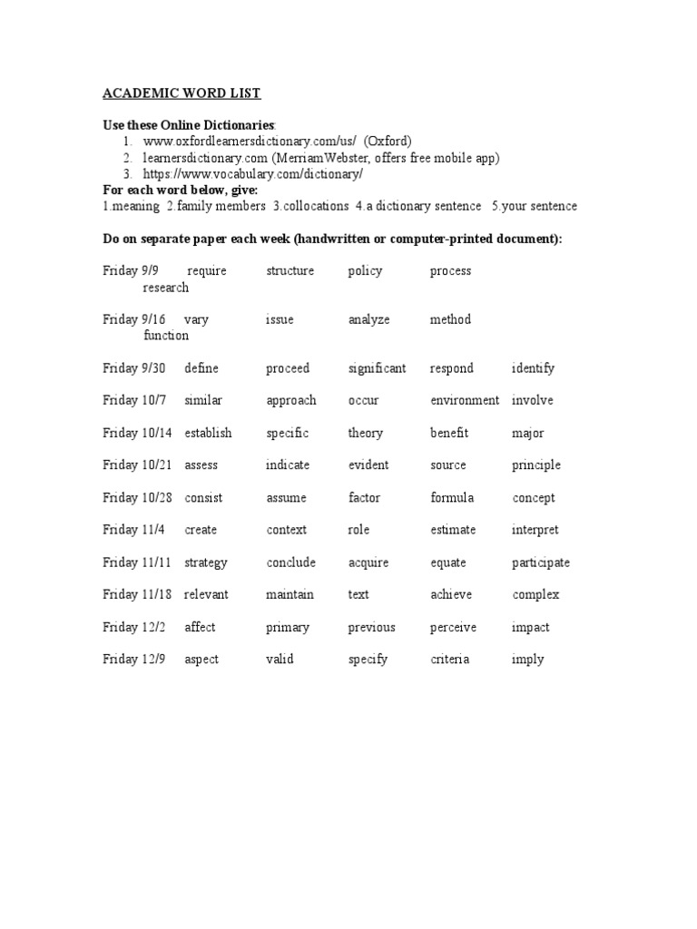 Academic Word List Use These Online Dictionaries | PDF