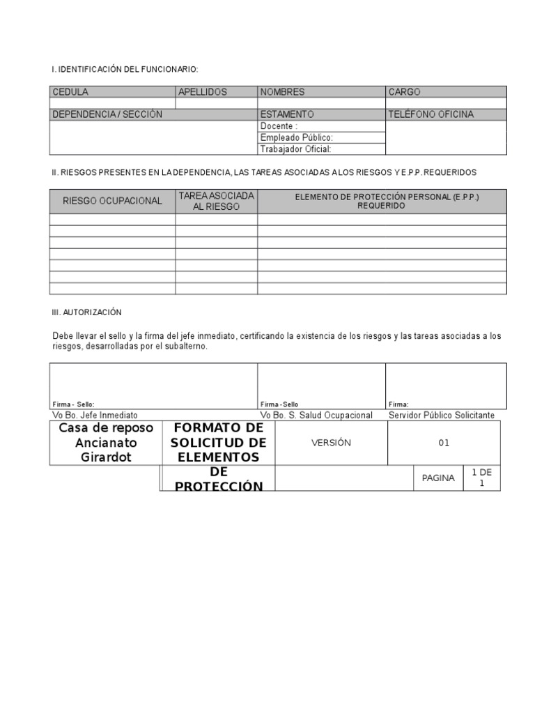 Formato de Solicitud de Elementos de Proteccion Personal Epp | PDF