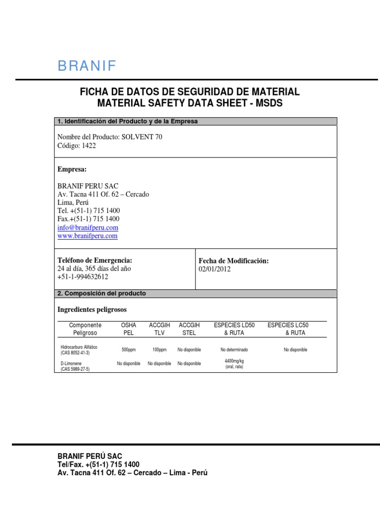 Branif Solvent 70 Ed2 - Msds Con Limonene | PDF | Oxígeno | Agua