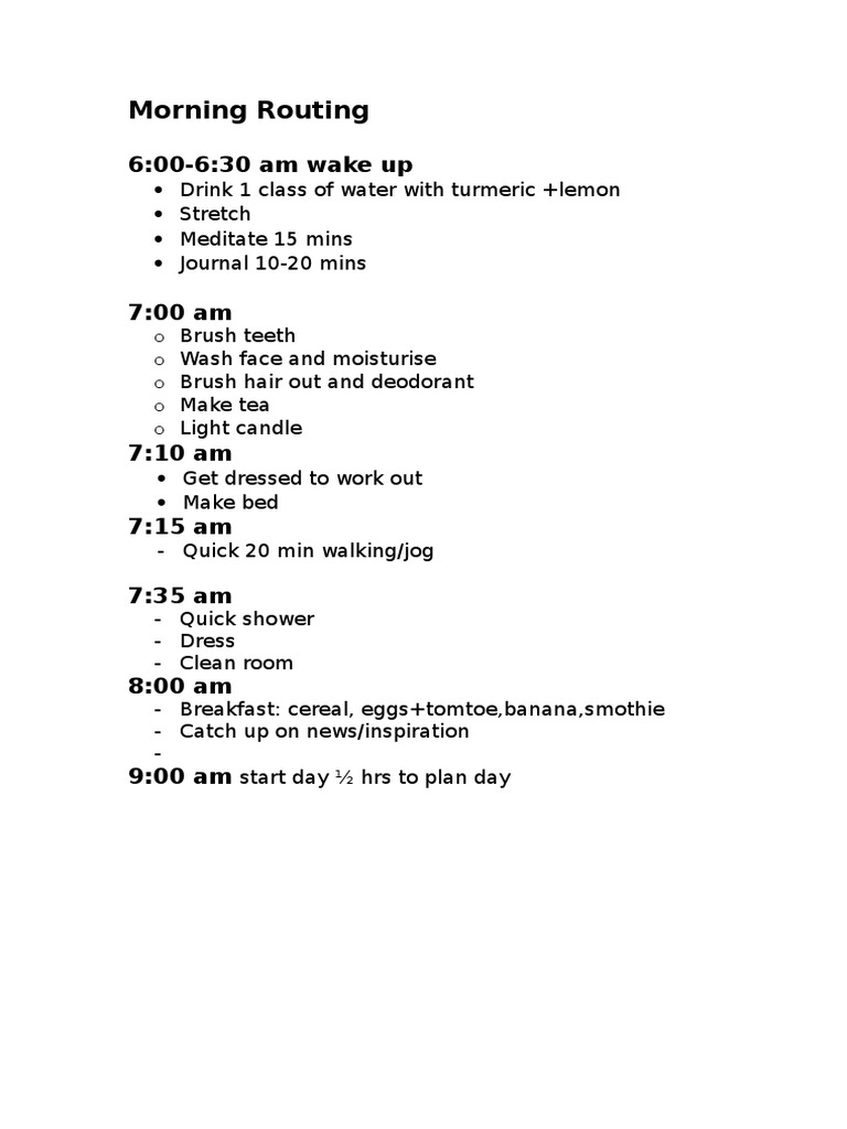 Morning Routing: 6:00-6:30 Am Wake Up | PDF | Food And Drink | Nature
