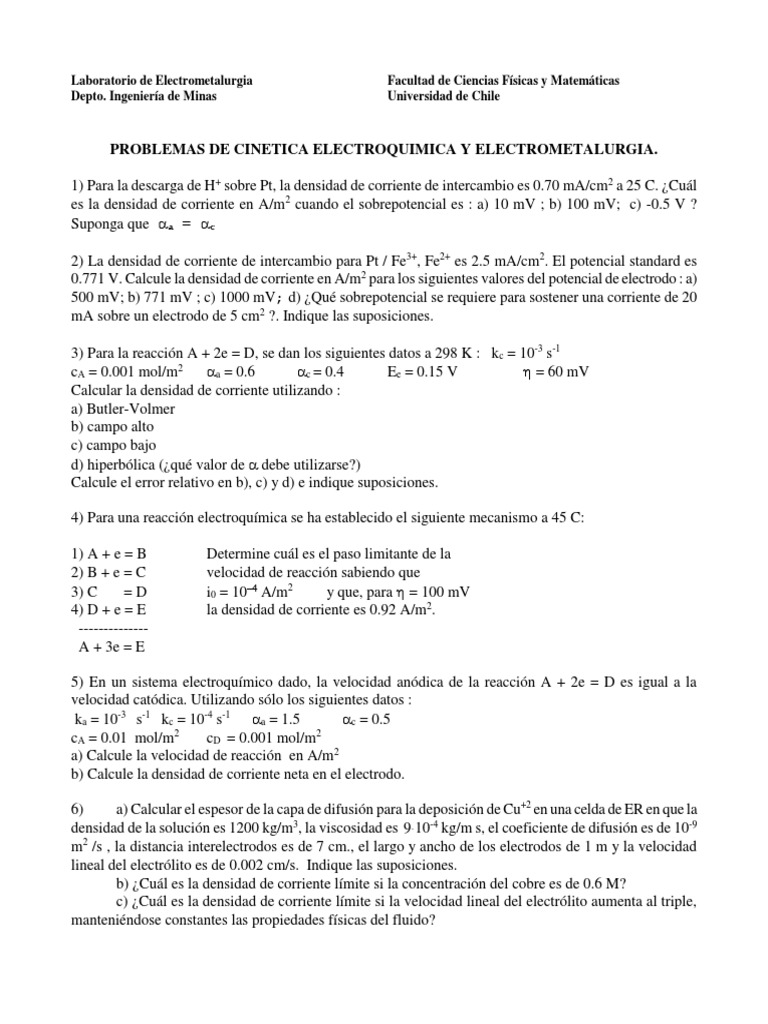 Uch Problemas de Cinetica Electroquimica y Electrometalurgia | PDF | Electrodo | Electrólito