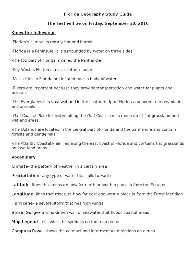 Florida Geography Study Guide | PDF | Florida | Geography