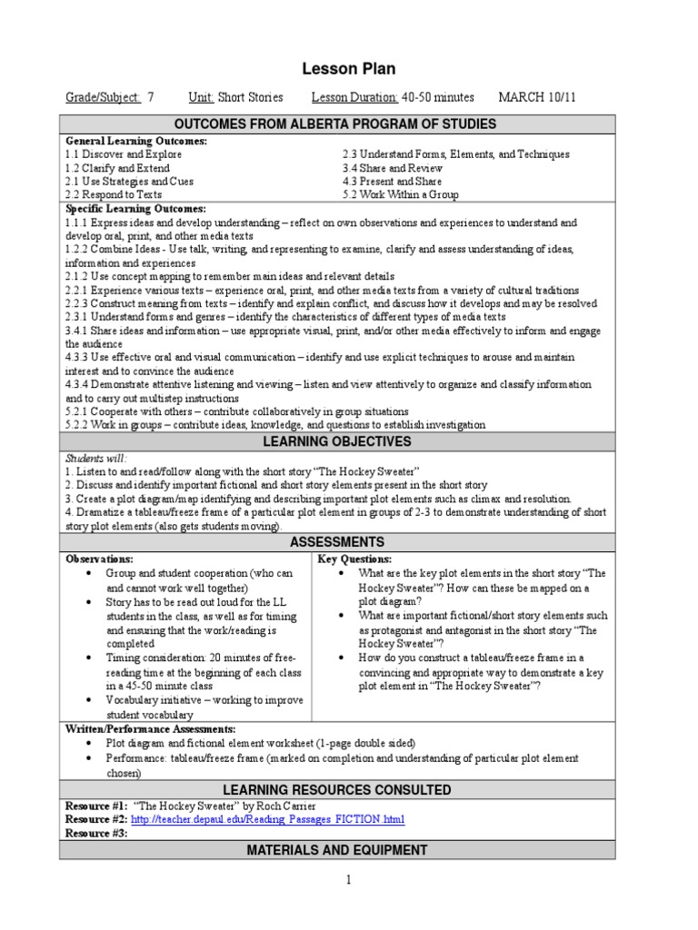 Grade 7 The Hockey Sweater Lesson Plan | PDF | Lesson Plan | Mass Media