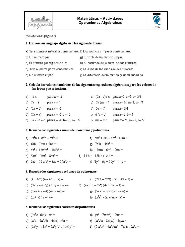 Ejercicios Expresiones Algebraicas 2º Eso | Fórmula | Modelo conceptual