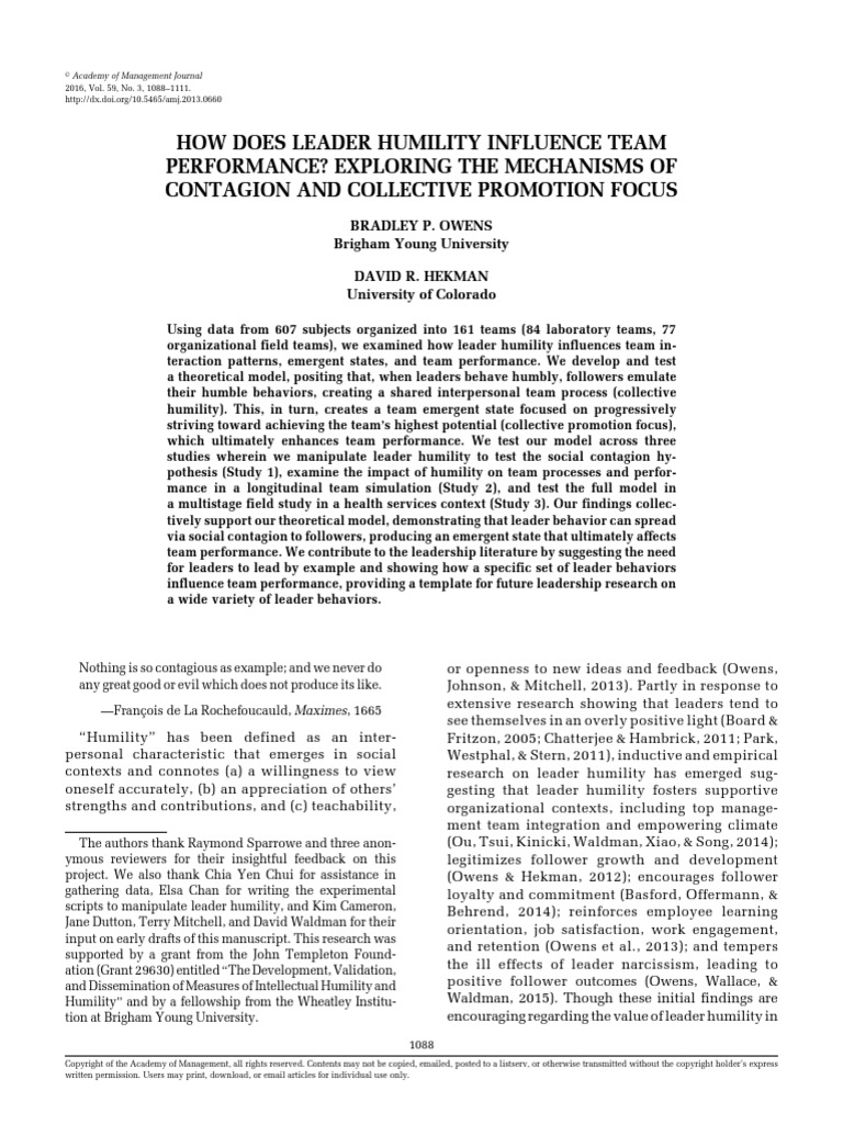 Owens How Does Leader Humility Influence Team Performance | PDF ...