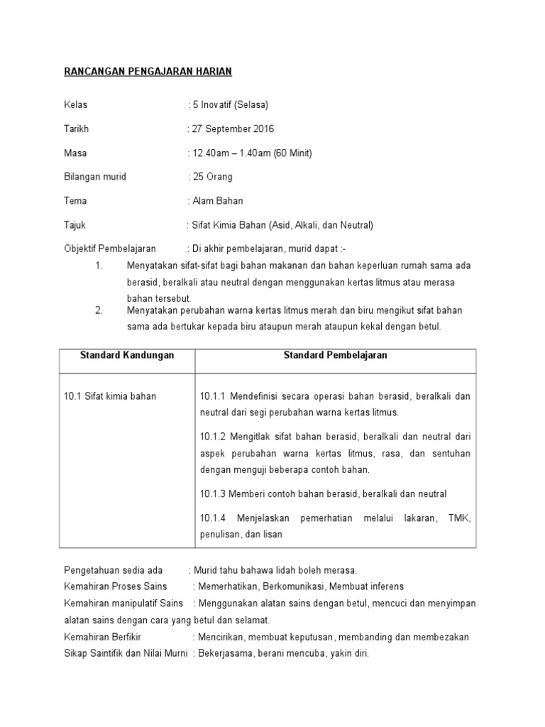 RPH Sains Asid Dan Alkali Tahun 5 KSSR | PDF
