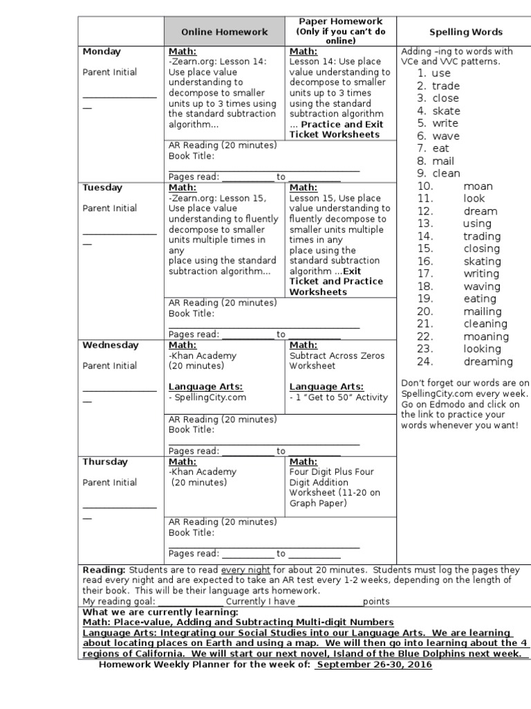 4th Grade Homework Planner 9/26-9/30 | PDF
