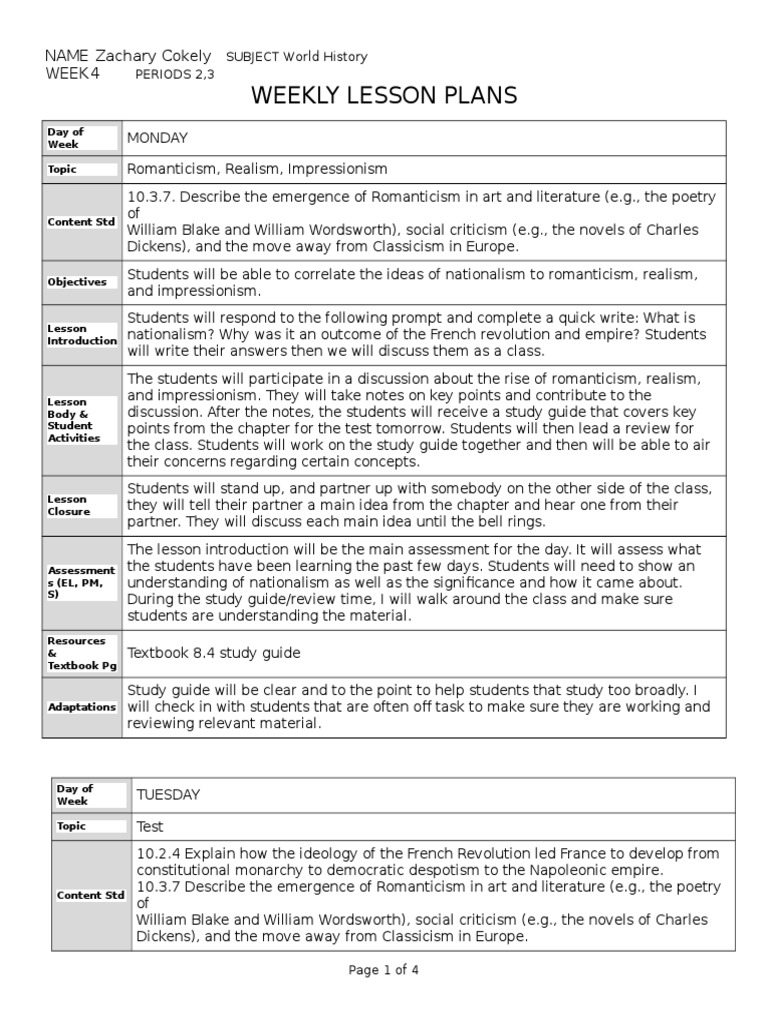 Grid Lesson Plan Week 4 | PDF | Lesson Plan | Romanticism
