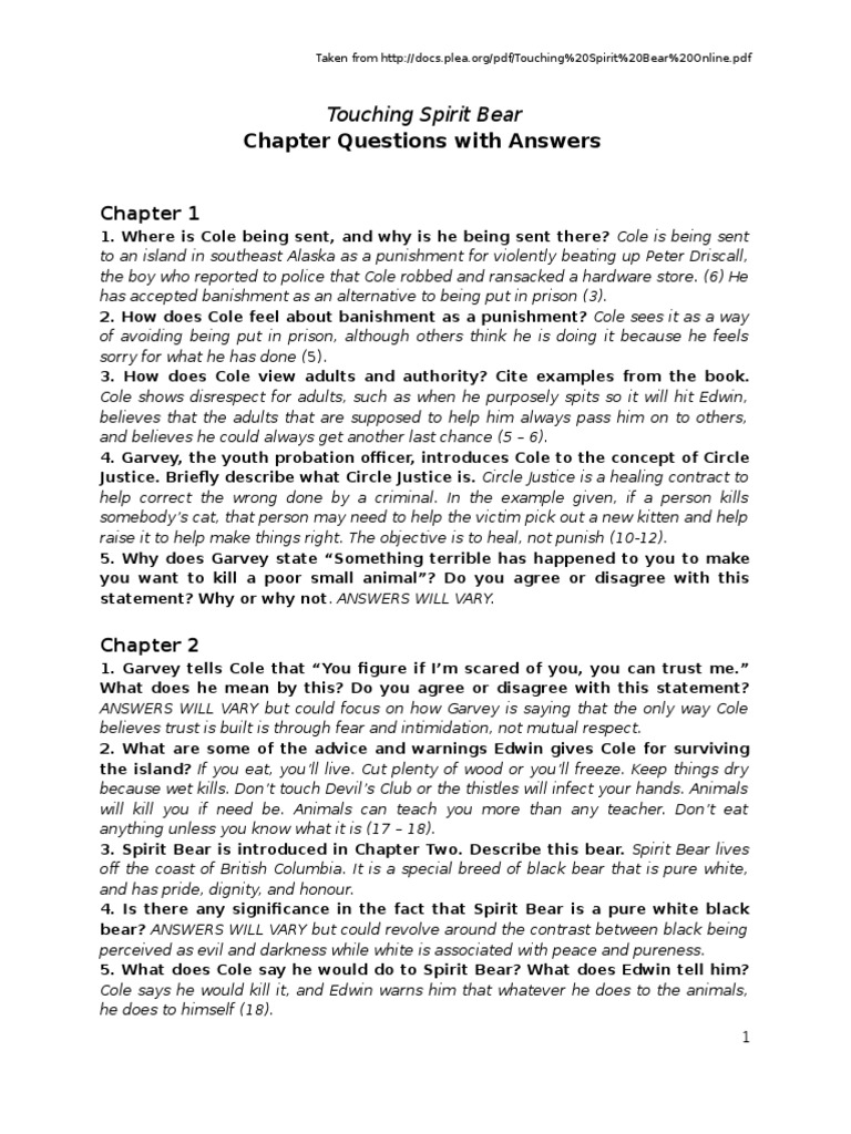 Touching Spirit Bear Chapter Questions With Answers | PDF | Anger ...