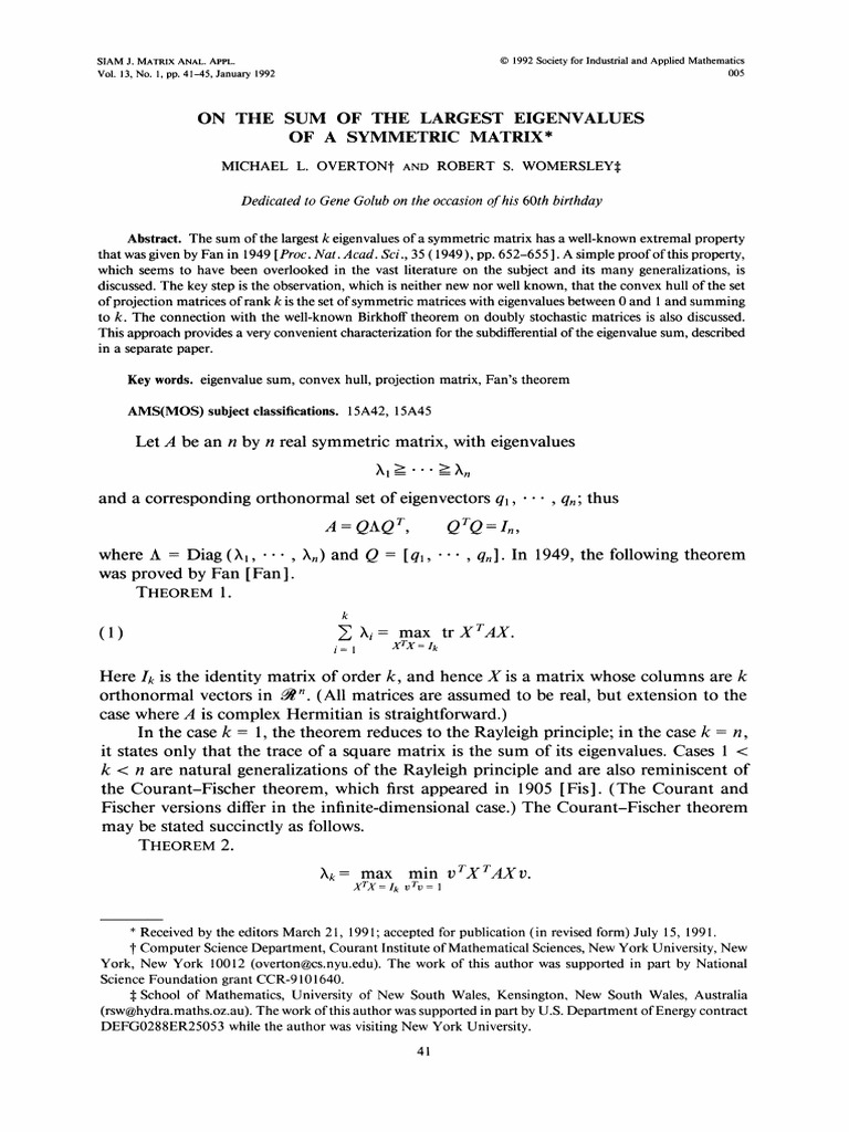 On The Sum Of The Largest Eigenvalues Of A Symmetric Matrix Pdf
