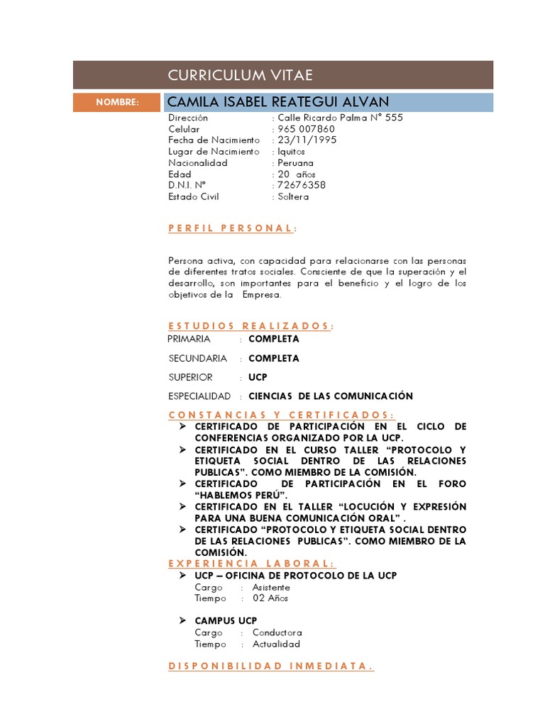 Curriculum Vitae Camila Isabel Reategui Alvan PDF | PDF