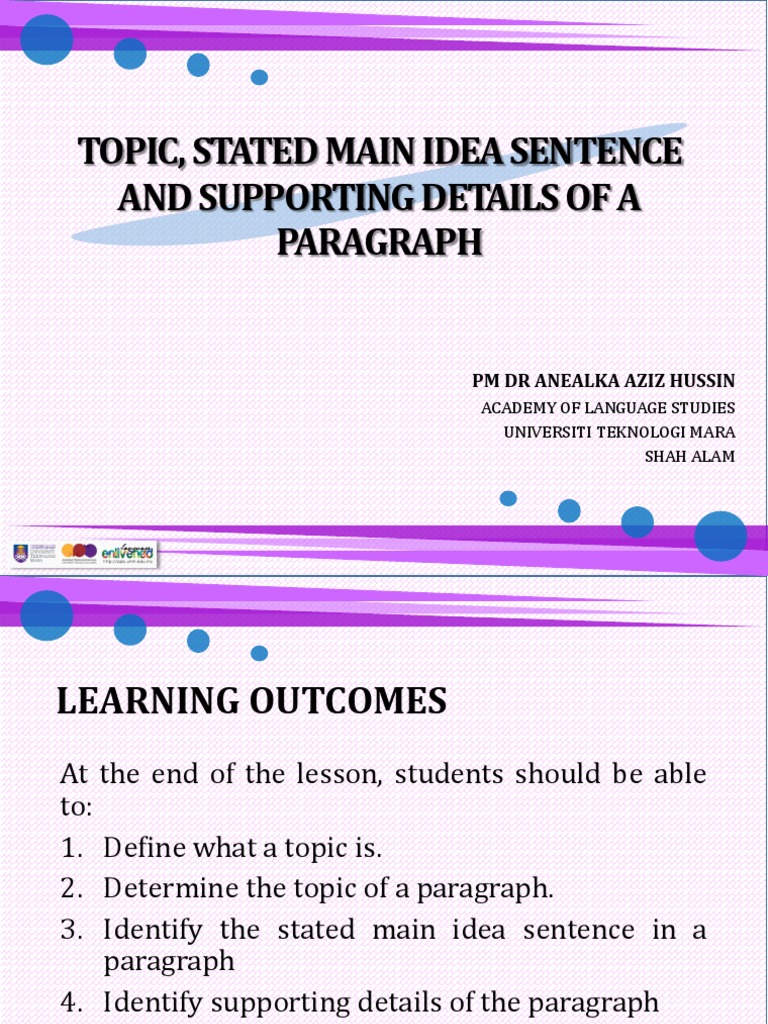 Topic 3 Topic, Main Idea and Supporting Details of A Paragraph ...