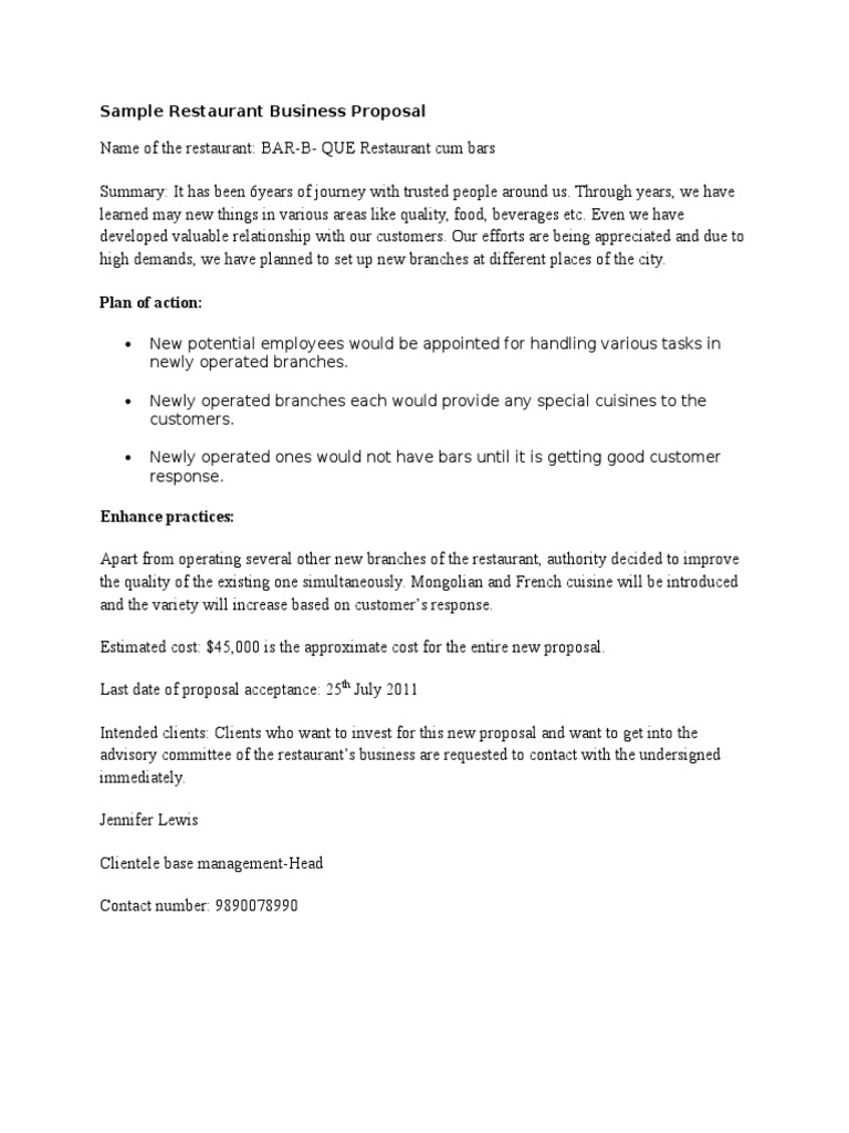Plan of Action:: Sample Restaurant Business Proposal | PDF