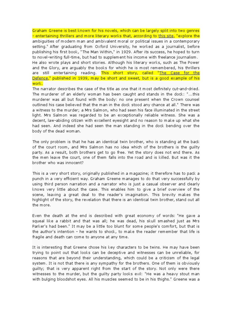 Greene's "The Case for the Defence" Analysis | PDF | Witness | Capital ...