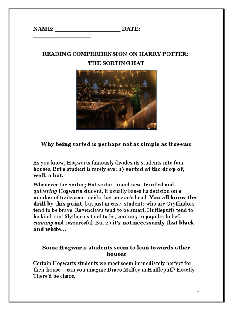 Reading Comprehension The Sorting Hat (HARRY POTTER) | Download Free ...
