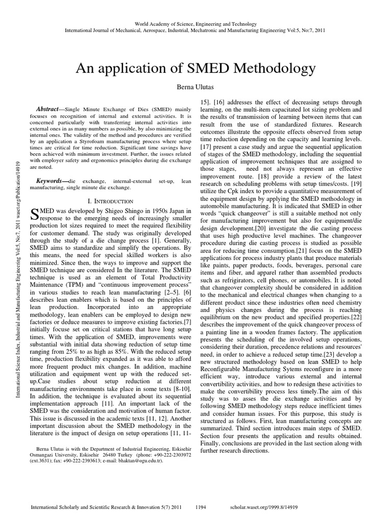 An Application of SMED Methodology | Download Free PDF | Process Management | Lean Manufacturing