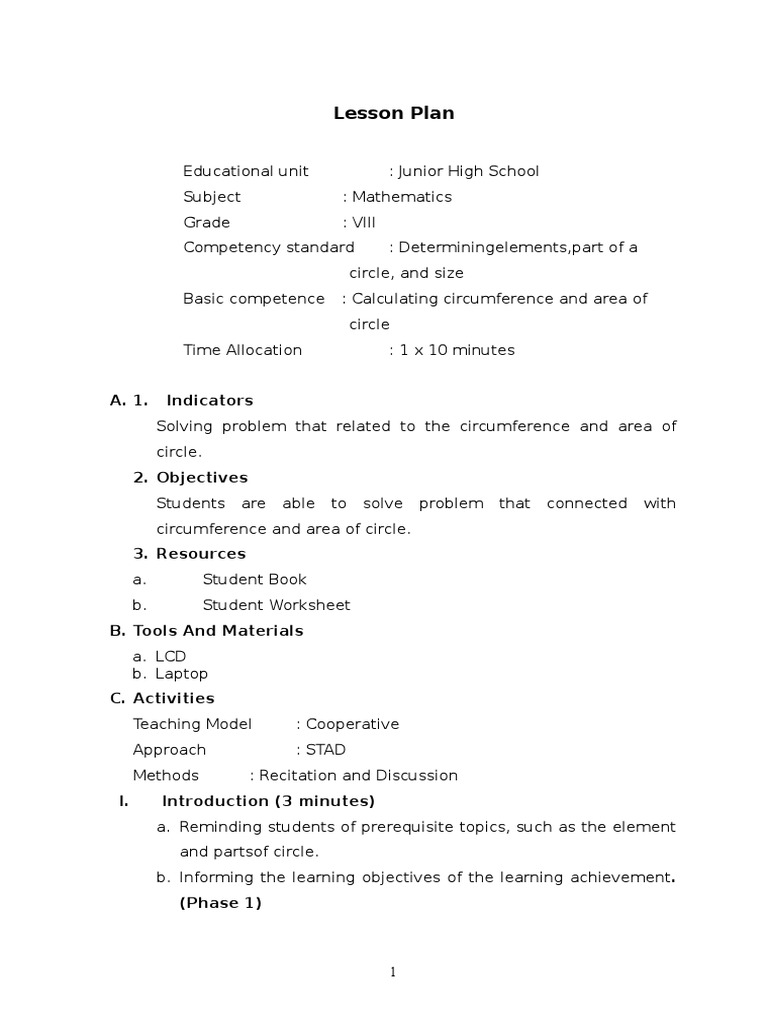 Lesson Plan: A. 1. Indicators | PDF | Area | Circle