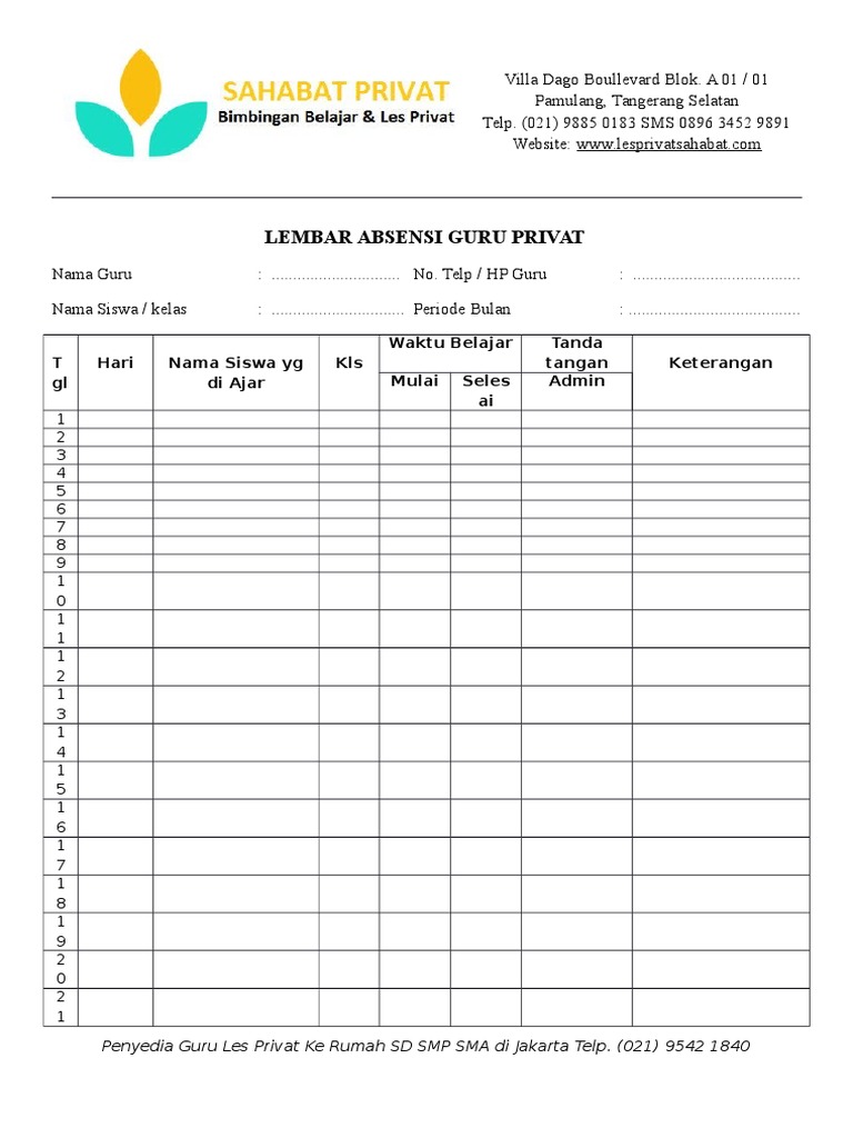 Lembar Absensi Guru Les Privat | PDF | Karier & Perkembangan