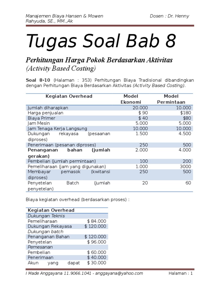 Tugas Soal Bab 8 Manajemen Biaya Hansen Mowen | PDF