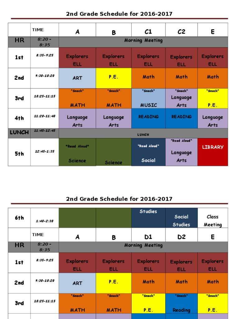 2nd Grade Class Schedule 2016-2017 | PDF