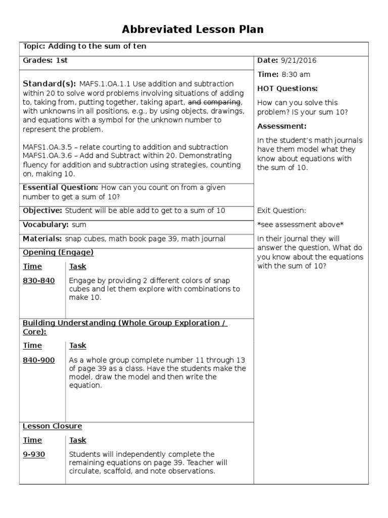 Abbreviated Lesson Plan: Standard(s) | PDF | Teaching Mathematics ...
