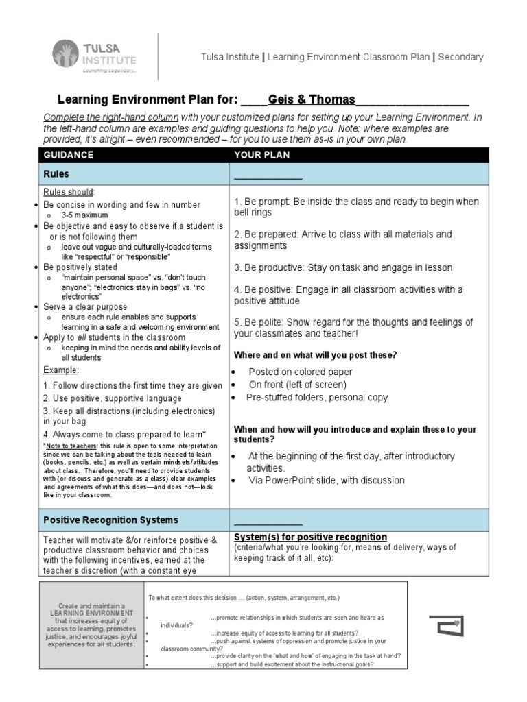 Learning Environment Plan For: - Geis & Thomas | PDF | Classroom | Learning