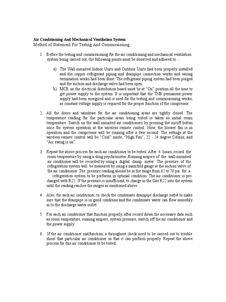 Method of Statement - Testing and Commissioning | PDF | Air ...