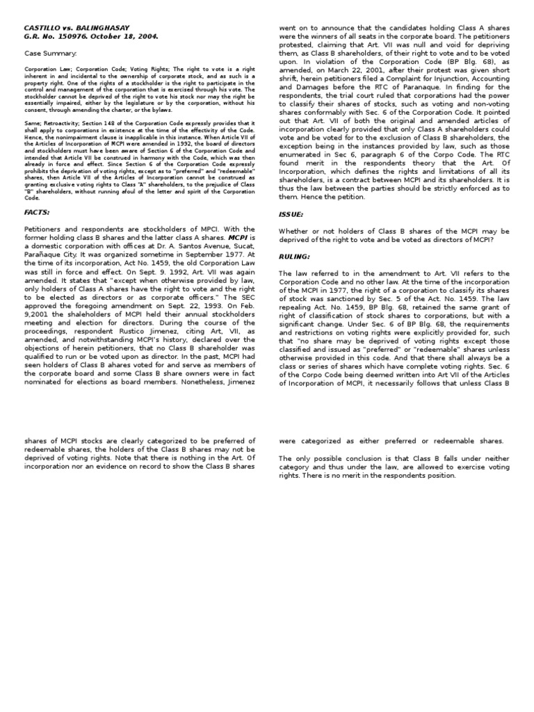 Castillo vs. Balinghasay G.R. No. 150976. October 18, 2004 | PDF ...