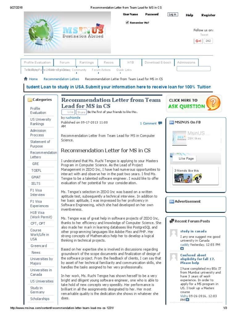 Recommendation Letter From Team Lead For MS in CS PDF | PDF | Graduate ...