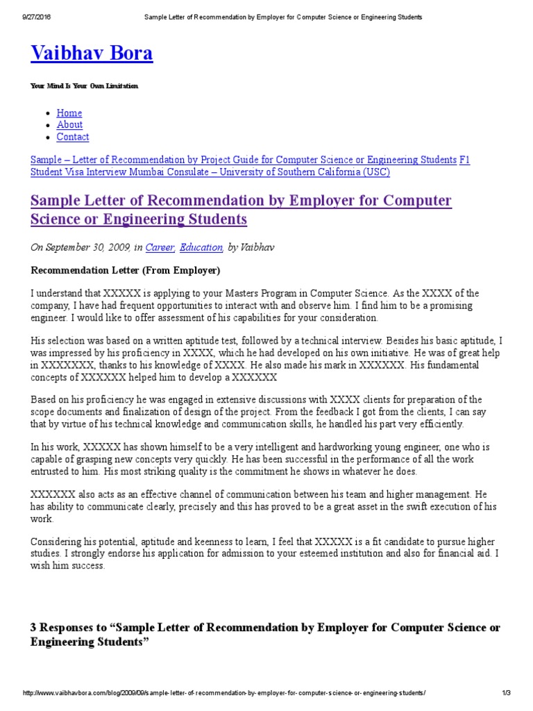 Sample Letter of Recommendation by Employer for Computer Science or ...