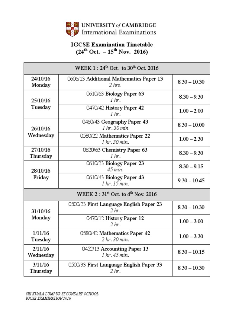 IGCSE Examination Timetable (24 Oct. - 15 Nov. 2016) | PDF | Social ...