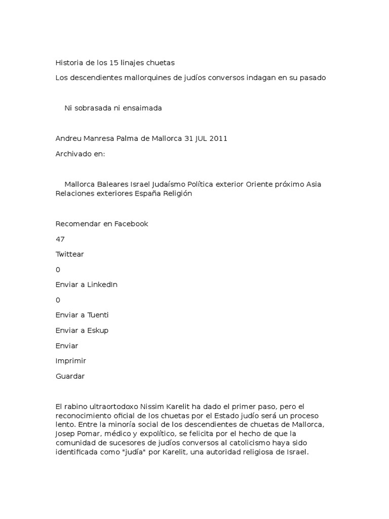 Historia de Los 15 Linajes Chuetas | PDF | Judios | Grupos etnoreligiosos
