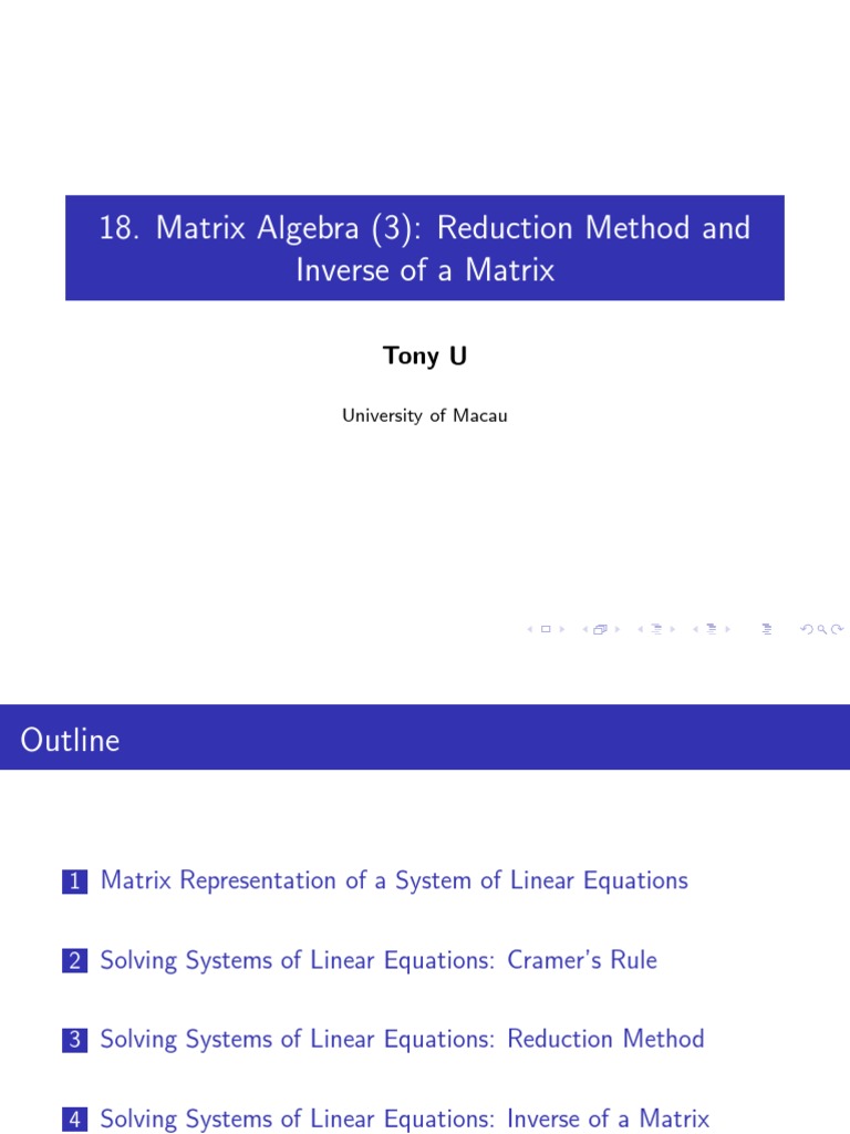 Matrix Algebra (3) : Reduction Method and Inverse of A Matrix | PDF | Matrix (Mathematics ...