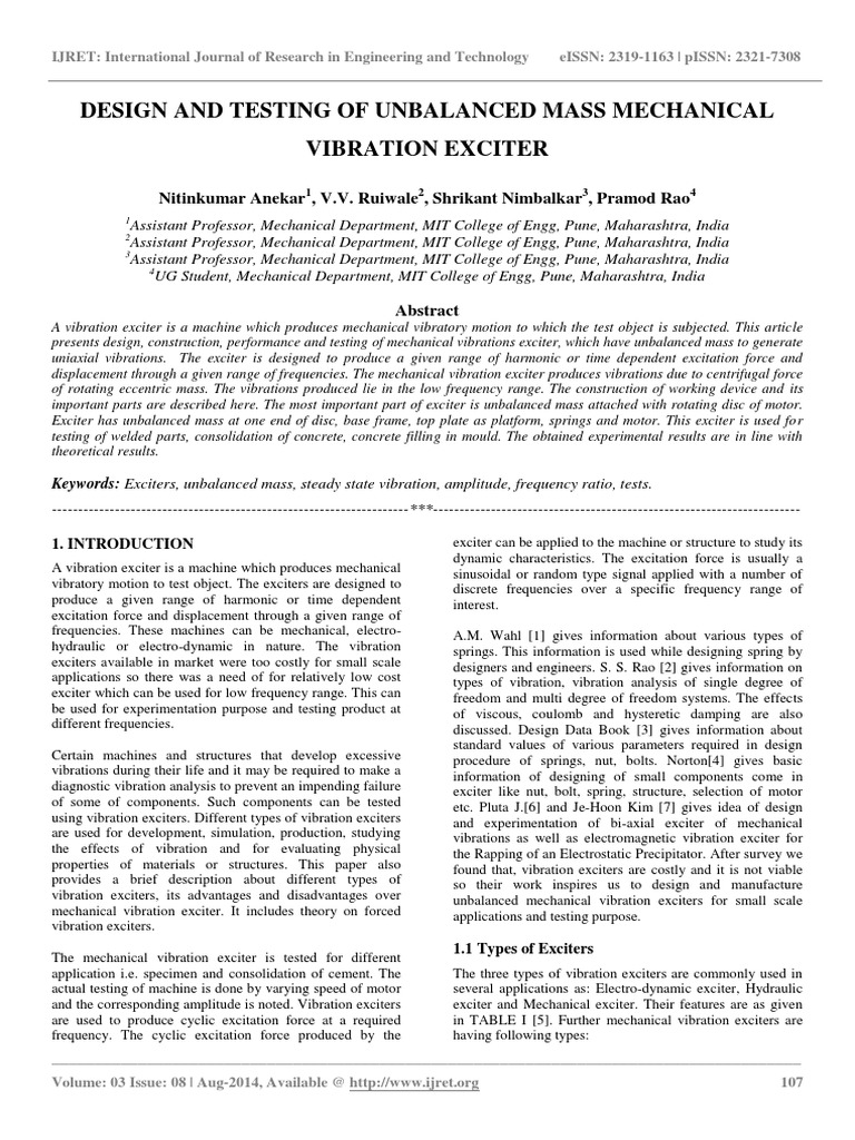 Design and Testing of Unbalanced Mass Mechanical Vibration Exciter ...