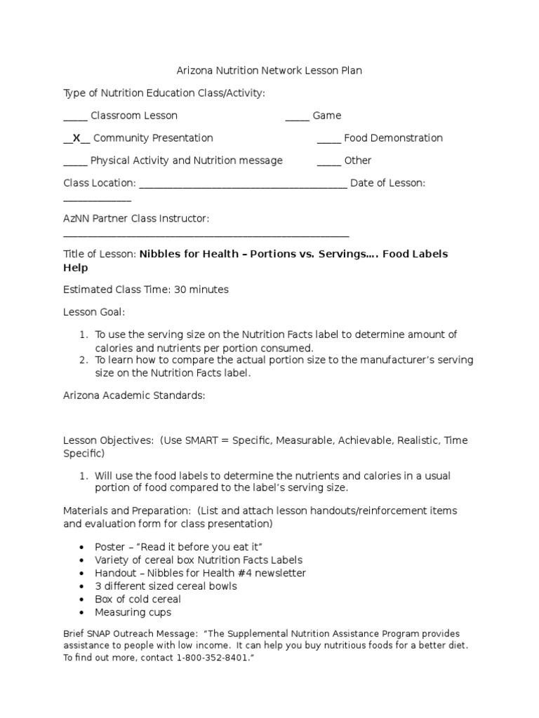 Portions Vs Serviings Lesson Plan | PDF