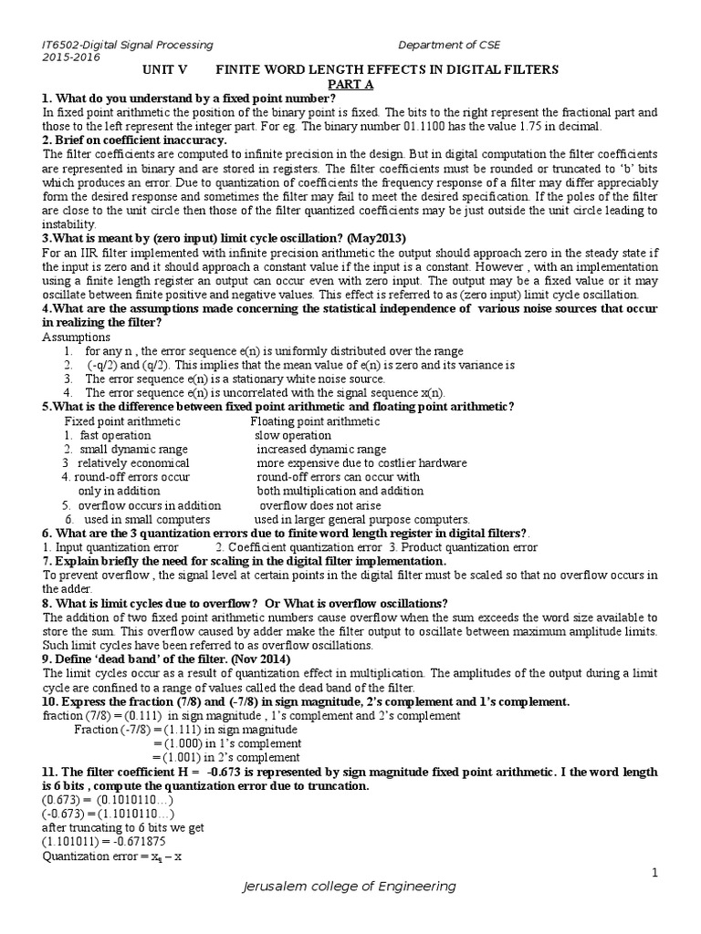 Unit V Finite Word Length Effects In Digital Filters Pdf Rounding