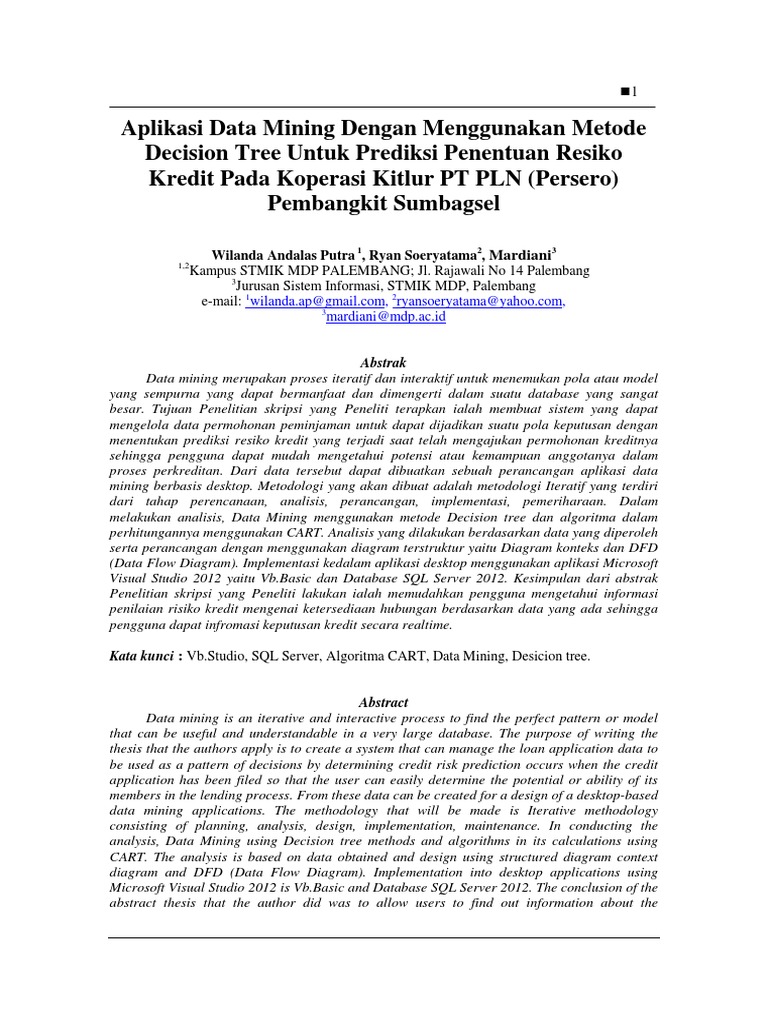 Aplikasi Data Mining Dengan Menggunakan Metode Decision Tree Untuk Prediksi Penentuan Resiko ...