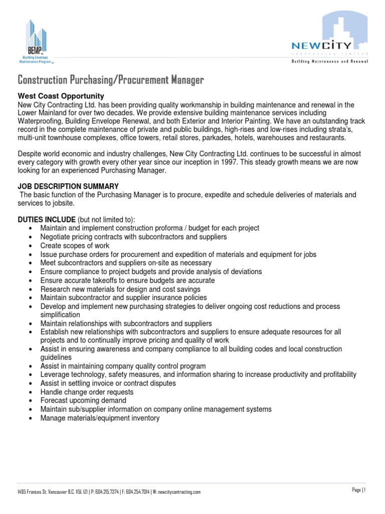 Construction Purchasing/Procurement Manager: West Coast Opportunity ...