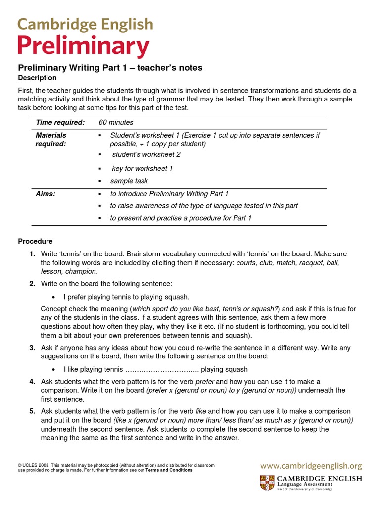Cambridge English Preliminary Pet Writing Part 1 | Sentence ...