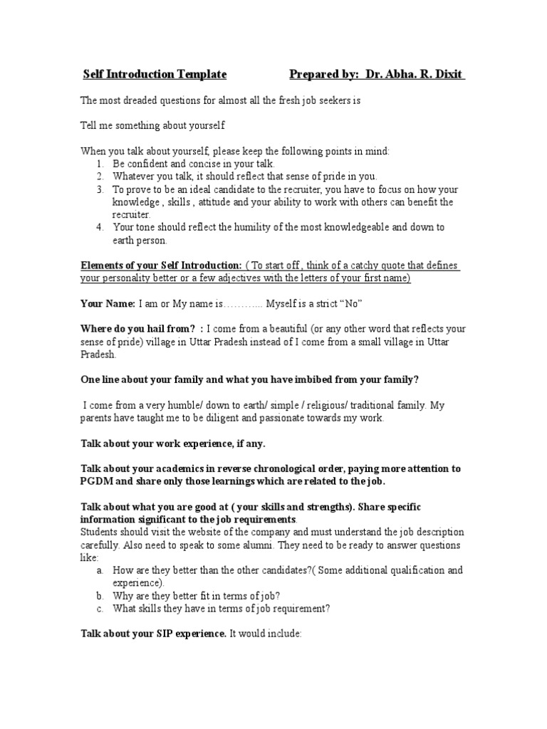 Self Introduction Template Prepared By: Dr. Abha. R. Dixit | PDF