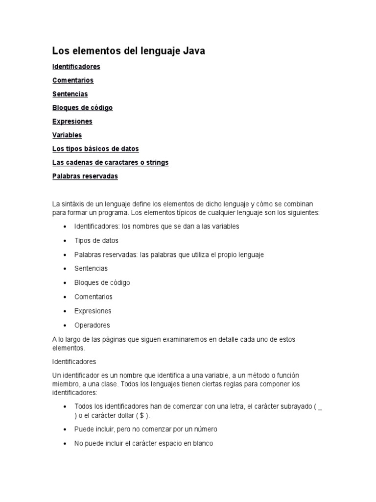 Los Elementos Del Lenguaje Java | PDF | Lenguaje de programación | Java (lenguaje de programación)